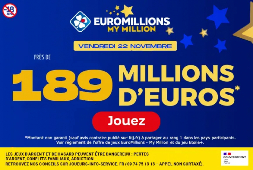 EuroMillions vendredi 22 novembre 2024 : 189 millions d’euros à gagner ...